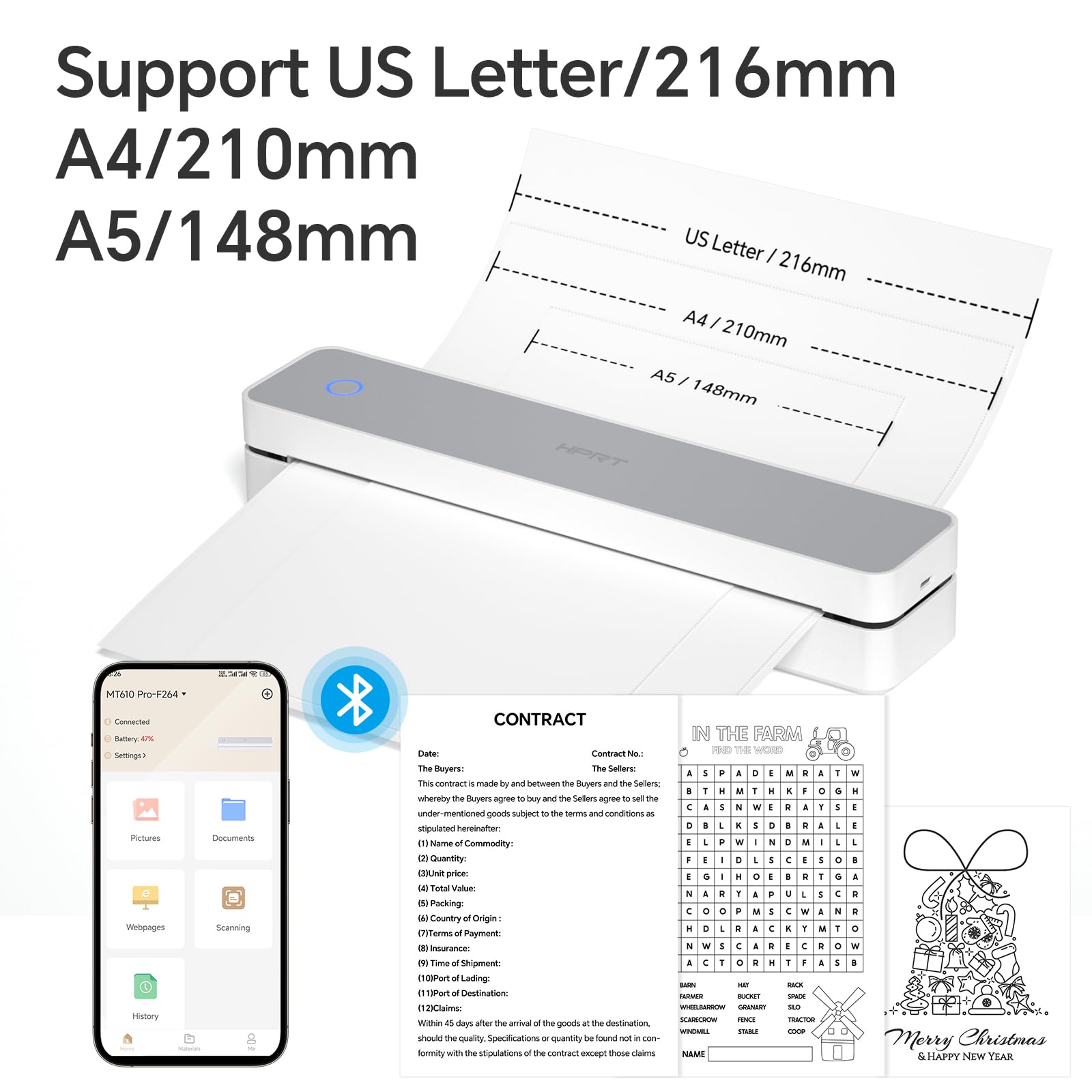 HPRT MT610pro Portable Printer Wireless for Travel, Bluetooth Thermal Printer 8.5x11 US Letter&A4 Thermal Paper, Compatible with Android and iOS Phone & Laptop, Inkless Printer Mobile Office(White)