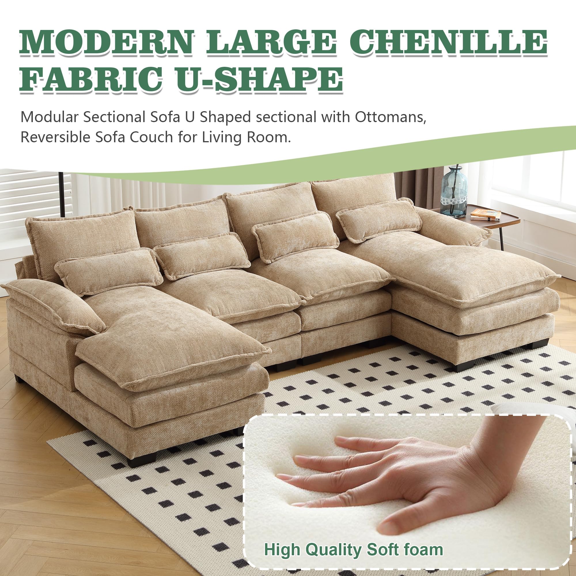 LIFEISLE 110 Inch Extra Large Modular Sectional Sofa, Modern Chenille U-Shaped Sofa with 4 Cushions, Memory Foam Sofa with Double Lounger for Living Room, Office, Reception Room,Emerald-New