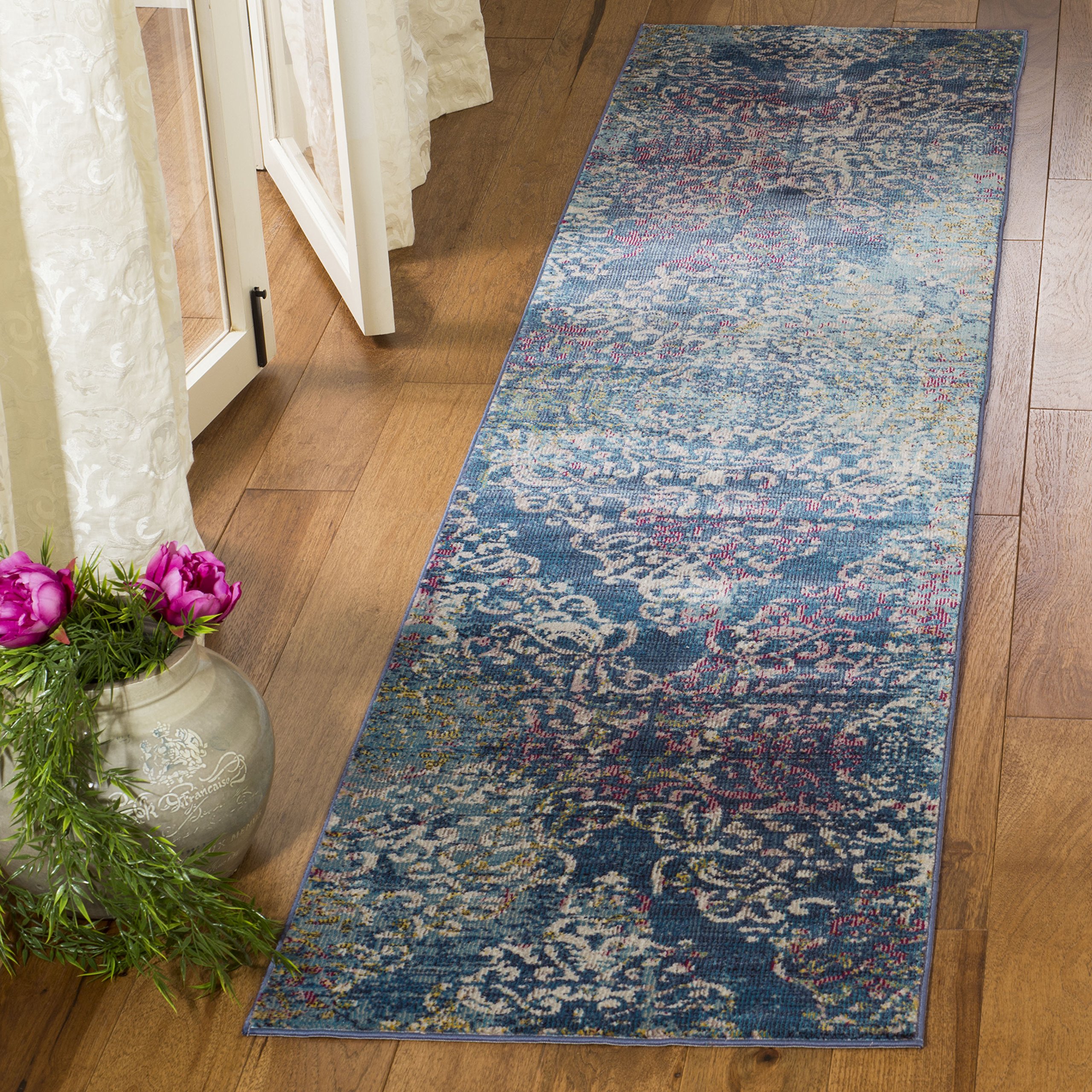 SAFAVIEH Aria Collection Runner Rug - 2' x 8', Blue & Multi, Boho Distressed Design, Non-Shedding & Easy Care, Ideal for High Traffic Areas in Living Room, Bedroom (ARA128B)