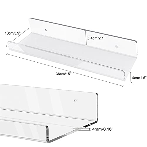 MAJOYLIFE 15 Inch Acrylic Floating Shelves,Clear Wall Mounted Book Shelf,Hanging Display Shelf for Bedroom Bathroom Living Room Office,Drilled and Self Adhesive (1 Pack)