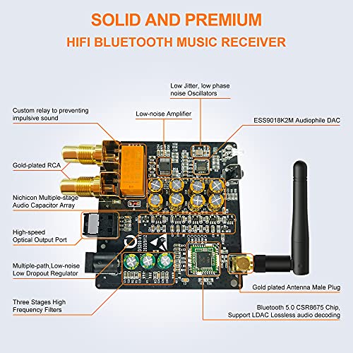 Lavaudio HiFi Bluetooth 5.0 Music Receiver for Home Stereo with LDAC, Bluetooth Audio Adapter with Audiophile DAC aptX HD, RCA Optical Output for AV Receiver or Stereo Amplifier - DS200Pro