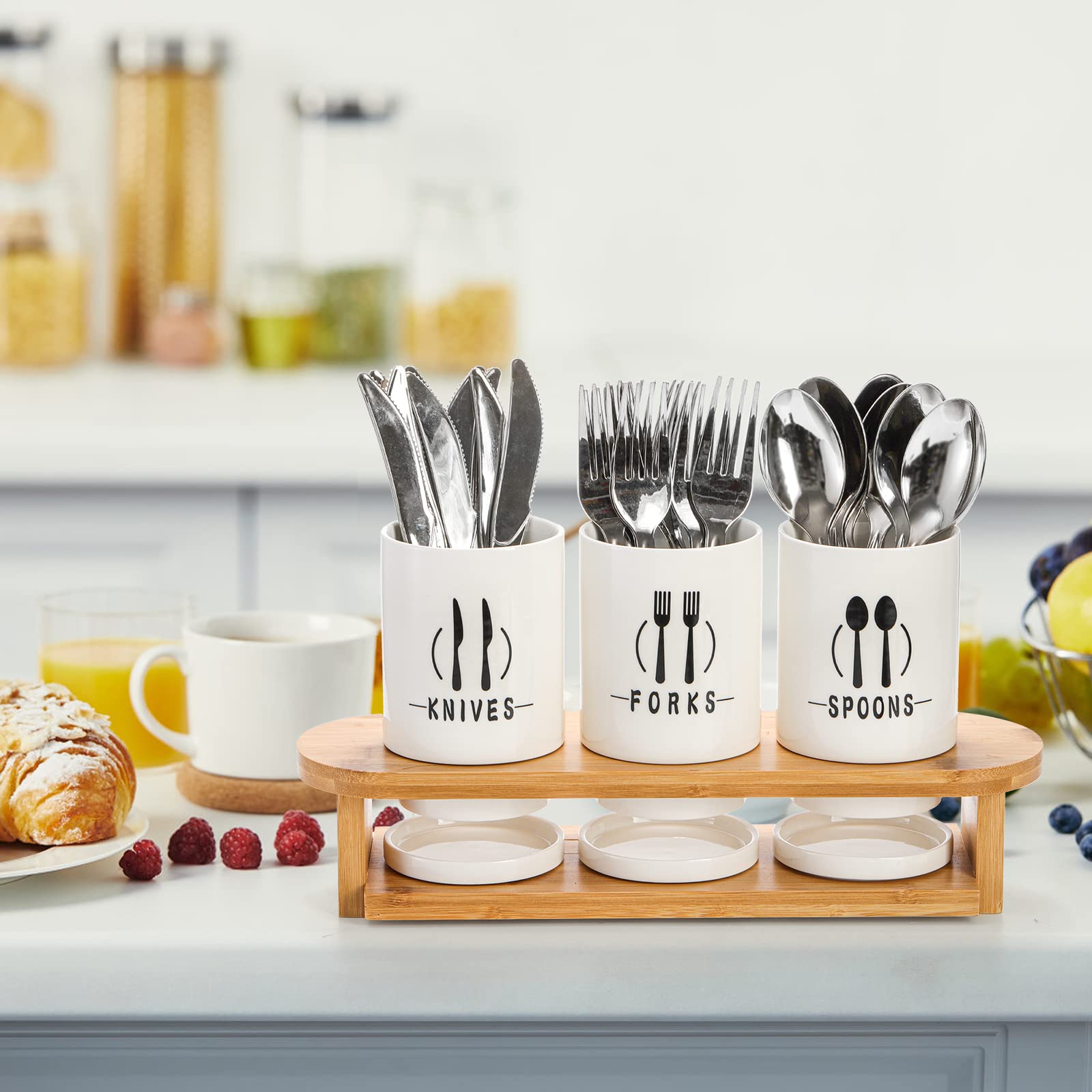 Fasmov Flatware Holder, 3 Pack Silverware Caddy with Bamboo Rack, Utensil Holder Ceramic Flatware Caddy White Ceramic Cutlery Organizer for Forks, Spoons, Knives