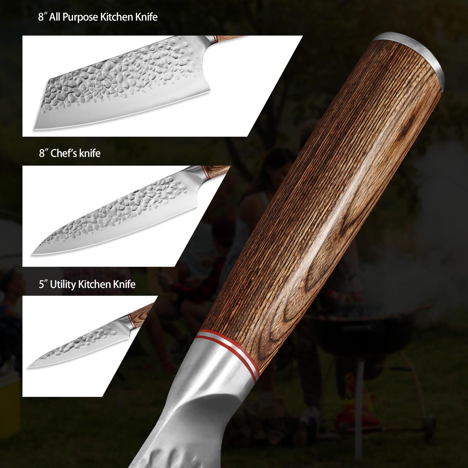 KOFERY 3 Piece Professional Forged Chef Knife Set - Premium Stainless Steel, Non-Stick, Sharp Kitchen Knives for Camping, Includes Roll Bag and Sharpening Steel