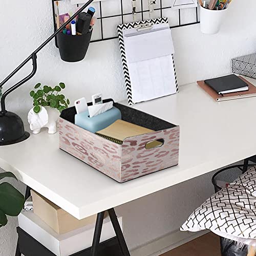 Kigai Collapsible Felt Storage Bins Rose Gold Leopard Print Rectangle with Handle Storage Bins Baskets Toys Storage Basket for Organizing Closet Clothes Office Books Home Decor
