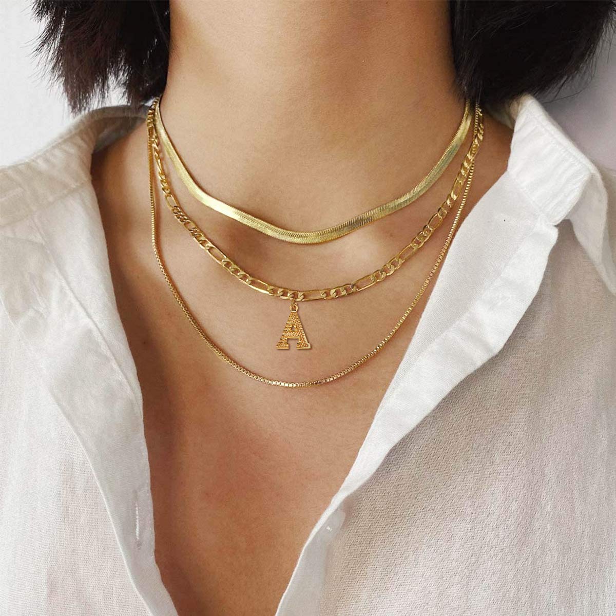 FOCALOOK Initial Necklace for Women Men Teens Letter C Pendant 14K Gold Plated Necklaces 18 Inch Figaro Chain (C)