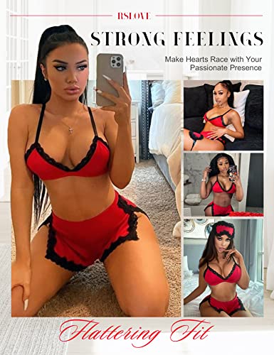 RSLOVE Sexy Pajama Set for Women Soft Lingerie Set Lace Trim Sleepwear 2 piece Pjs Shorts Set Red M