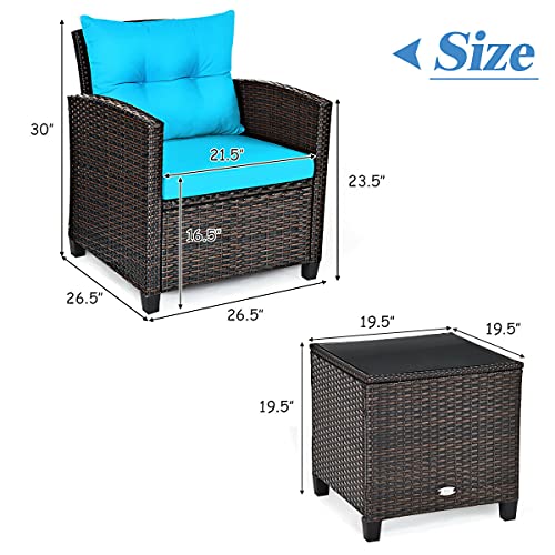 HAPPYGRILL 3-Piece Patio Furniture Set Outdoor Rattan Wicker Bistro Sofa Set Conversation Furniture with Cushion & Table