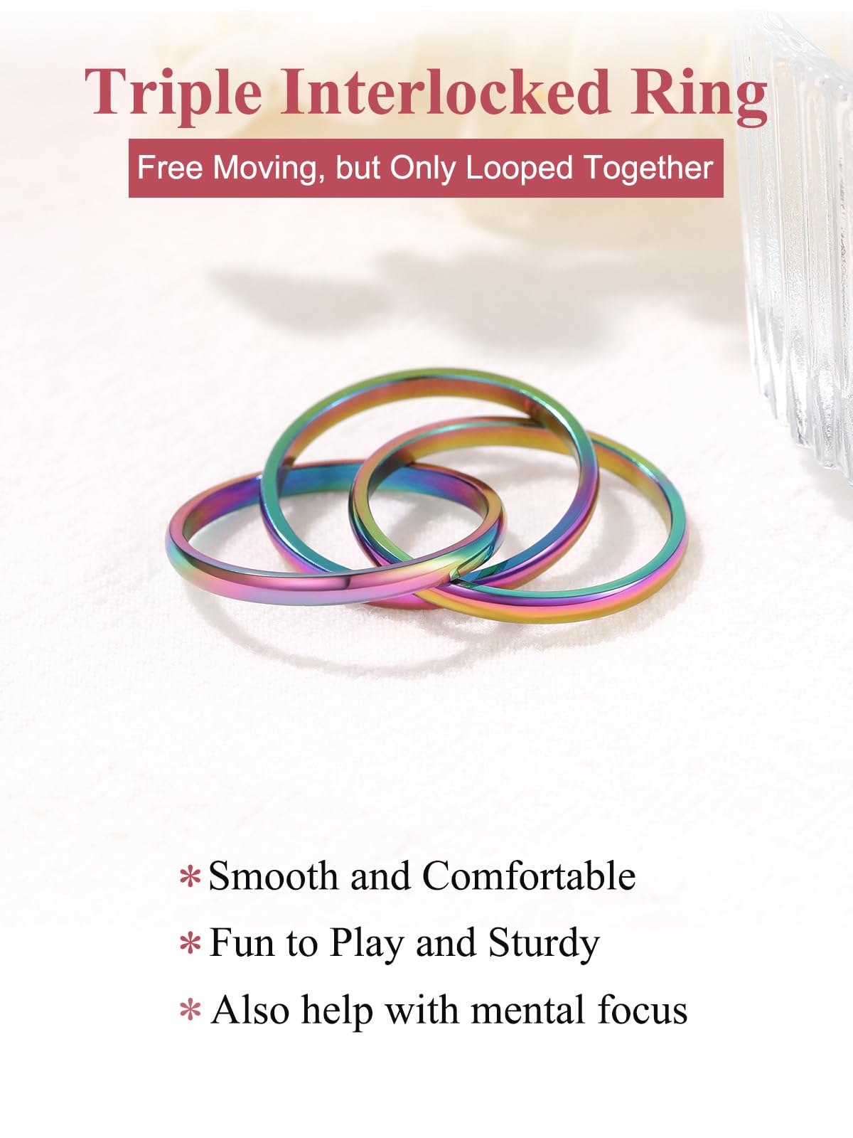 FOCALOOK Womens Rainbow Ring Fashion Fun Ring Triple Interlocked Fidget Ring (Rainbow,8)