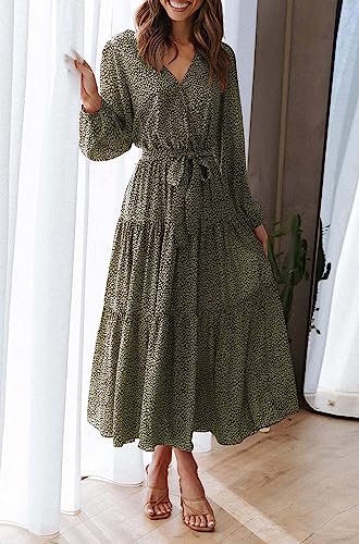 PRETTYGARDEN Women's Long Sleeve V Neck Leopard Print Ruffle Maxi Dress Tie Waist Boho Chiffon Flowy Long Dress (Green, Small)