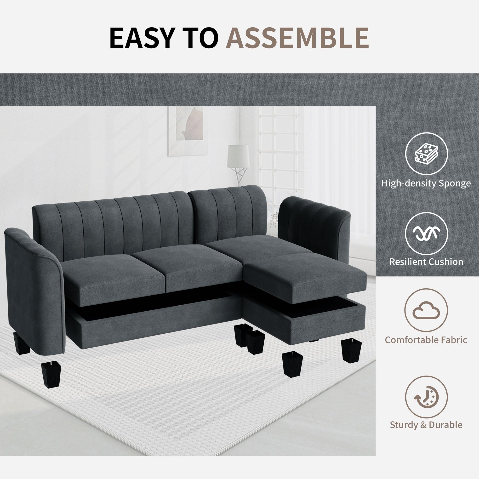 JAMFLY Sectional Sofa Couch for Living Room, Small 3-Seat L Shaped Couch with Linen Fabric, Convertible Sofa with Chaise Clearance Set for Small Space, Dark Grey