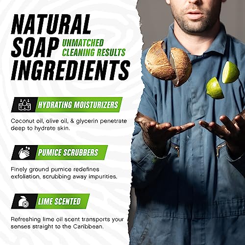 Grip Clean | Degreaser Hand Cleaner for Auto Mechanics - Dirt-Infused Liquid Hand Soap Absorbs Grease, Oil, & Odors. Natural Heavy Duty Pumice Soap with Moisturizing Ingredients. Lime Scented.