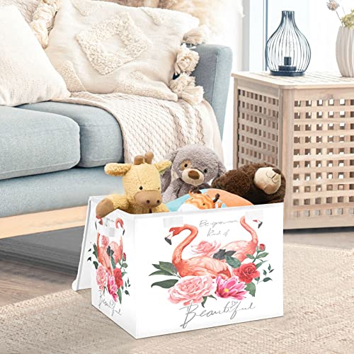 Kigai Flamingos Storage Bins with Lids and Handles 17x13x12 In Foldable Fabric Storage Basket Toys Clothes Organizer for Shelves Closet Home Bedroom Office