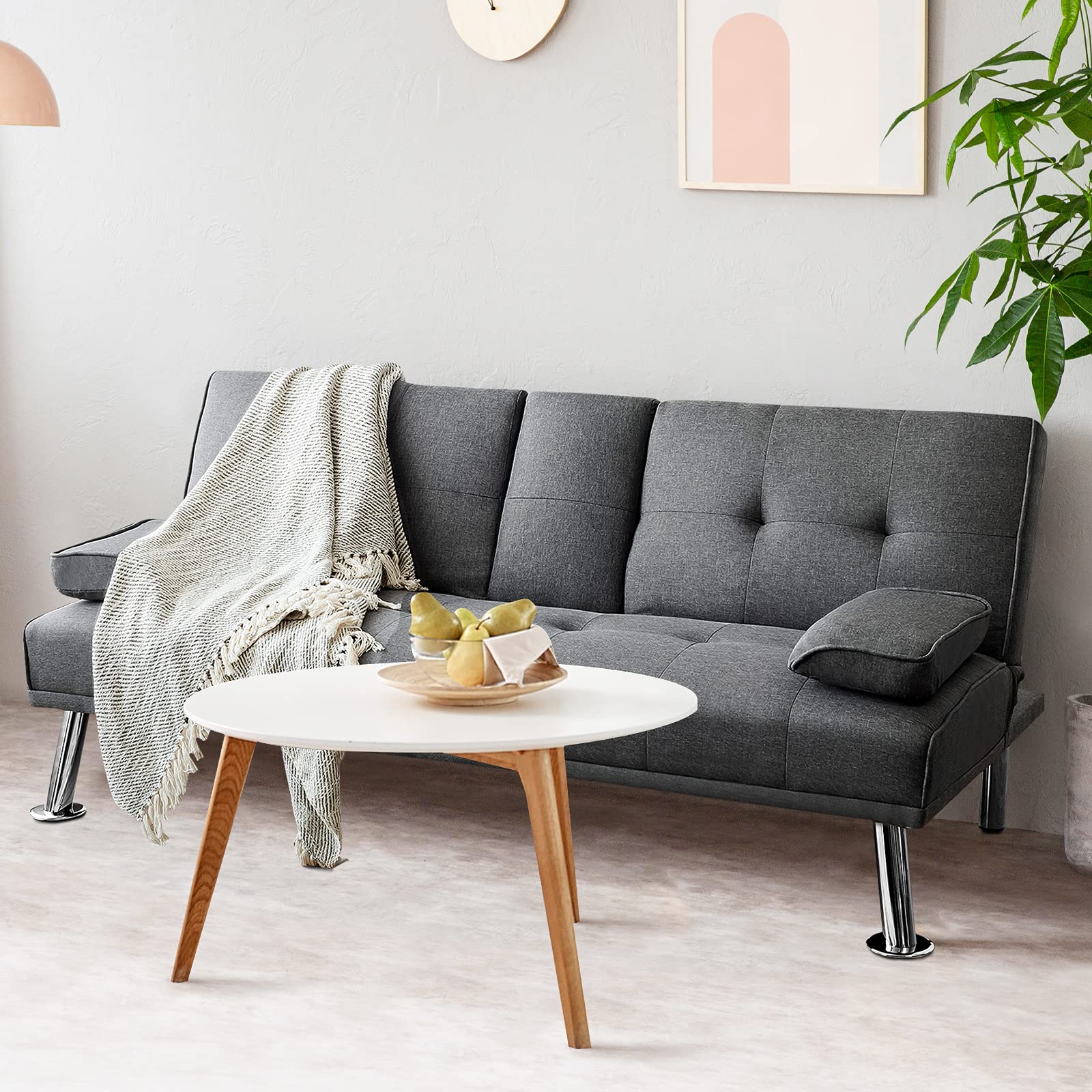 KOMFOTT Upholstered Futon Sofa Bed, Linen Futon Sofa Couch with Adjustable Backrest & Removable Armrests, 2 Cup Holders, Convertible Sleeper Sofa Love Seat for Living Room Apartment (Dark Gray)