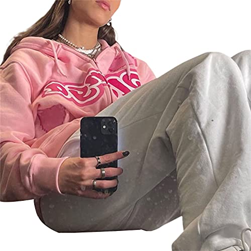 NUFIWI Women Graphic Printed Oversized Y2K Sweatshirt Zip Up Long Sleeve Hoodies Aesthetic Jacket Streetwear with Pockets (Pink, L