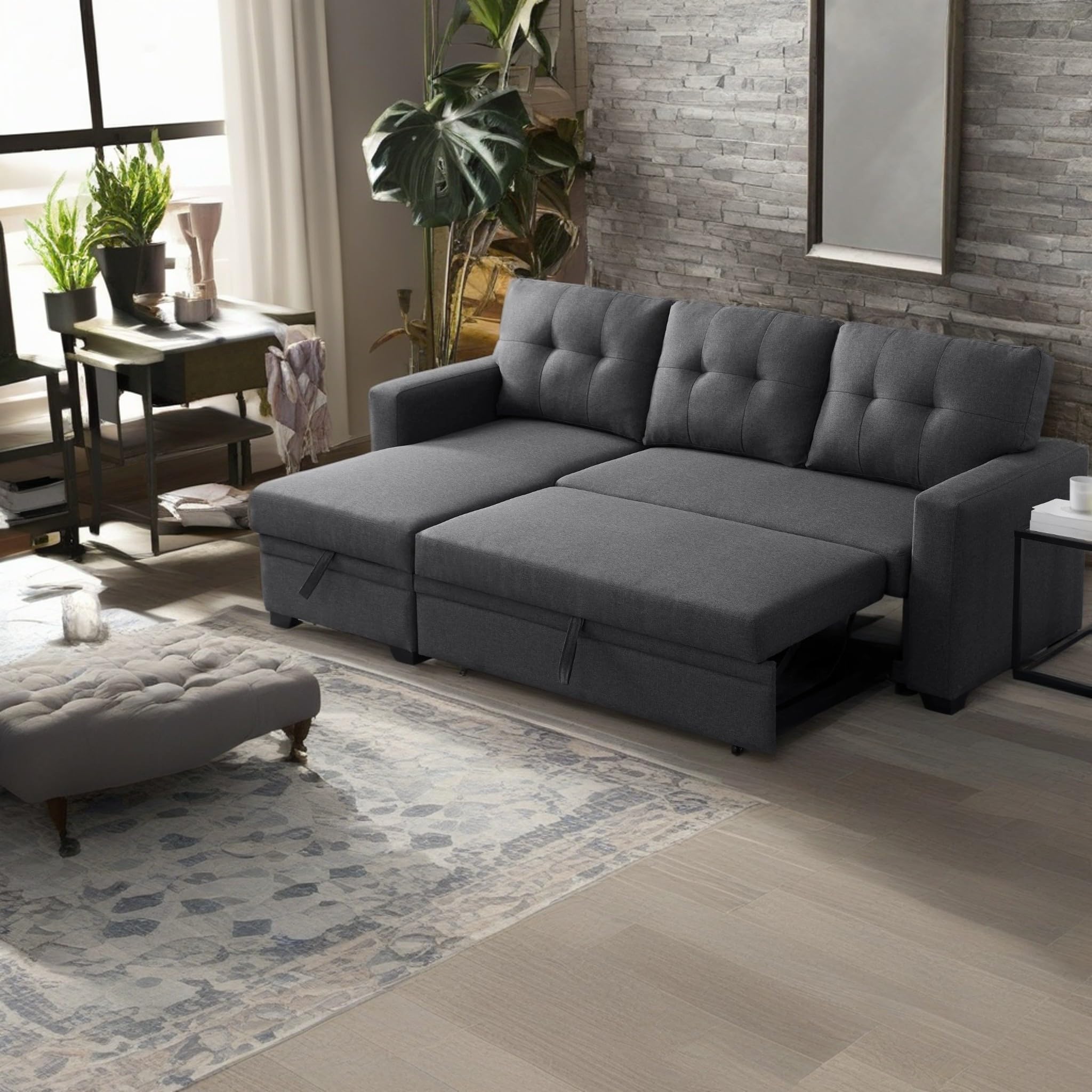MACHOME 82 inch L-Shape Sofa Sectional Convertible Sleeper with Storage Chaise Corner Couch Pull Out Sleeperbed with Arms for Apartment, Dorm, Living Room, Dark Gray