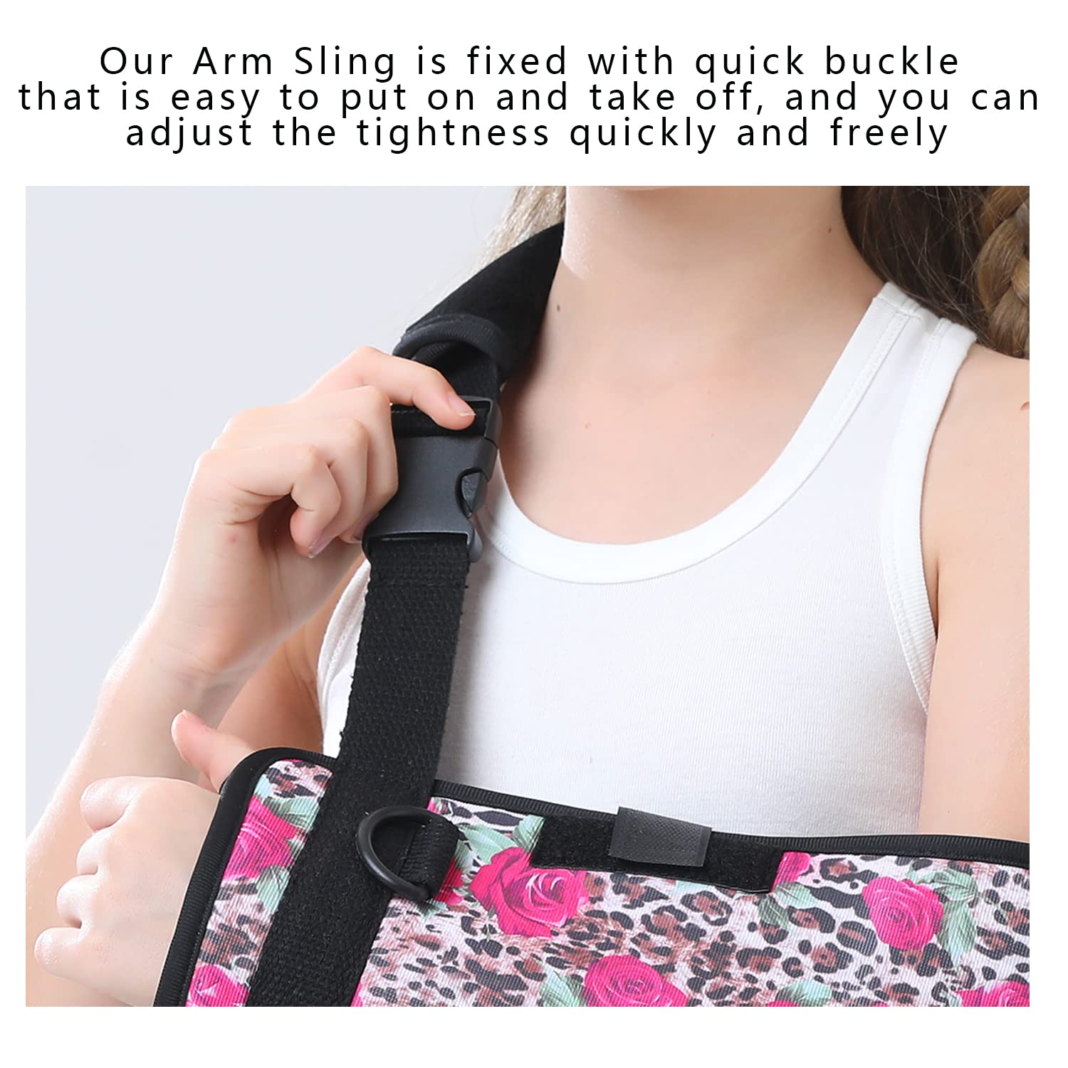 Fotgok Foam Arm Sling Elbow Brace Support with Waist Strap Rotator Cuff Support Shoulder Support Immobilizer for Shoulder Injury for Kids, for Broken, Dislocated, Fracture, Rose Leopard, Large