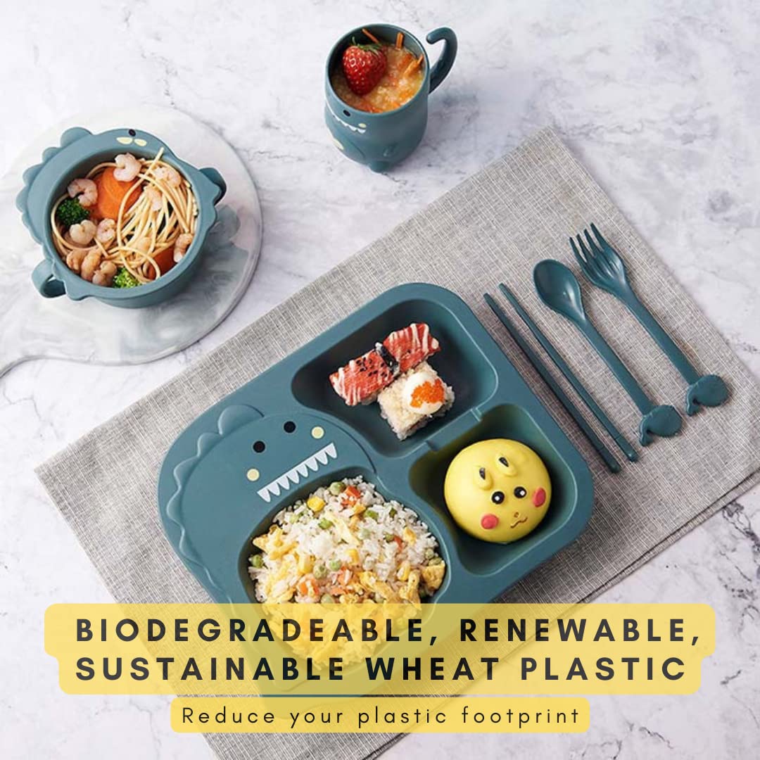 Dinosaur Unbreakable, Microwavable & Dishwasher Safe Wheat Straw BPA-Free & Non-Toxin Training Tableware Dinner Set Suitable for Infants, Toddlers and Kids (Green) (6 Piece Set)