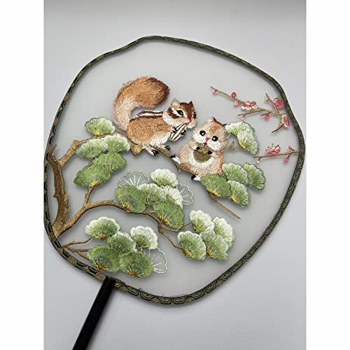 ERTUO Chinese Embroidered Hand Fan (Squirrel) Hanfu Accessories Chinese Round Fan
