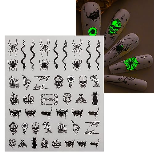JMEOWIO 9 Sheets Halloween Nail Art Stickers Decals Self-Adhesive Pegatinas Uñas Skull Ghost Spider Web Bat Nail Supplies Nail Art Design Decoration Accessories