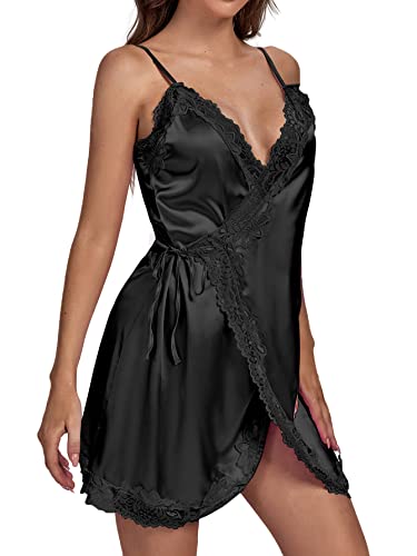 LYANER Women's Satin Lace Trim Babydoll Spaghetti Strap Wrap Tie Chemise Sleepwear Mini Dress Black Small