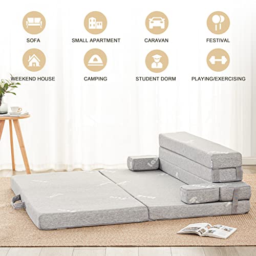 Lazyzizi Sleep 4 Inch Foldable Mattress, Portable Floor Mattress Couch with Headrest, Washable Cover, Foldable Foam Couch Queen for Guest Bed, Folding Sofa Bed, Camping, Road Trip, Light Grey