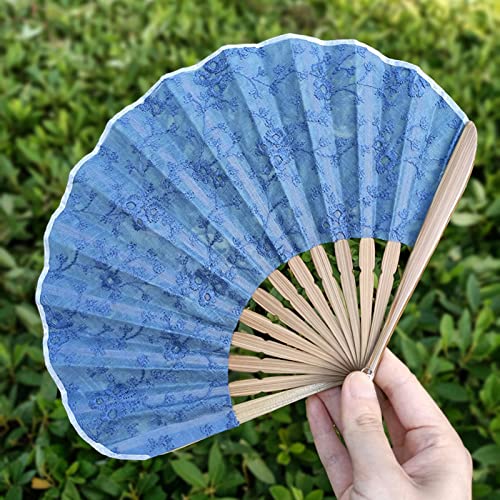 ERTUO Folding Fan Hand Fan lace Fan Retro Embroidery Folding Fan Blue