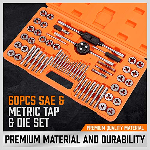 HORUSDY 60-Piece Master Tap and Die Set | SAE Inch and Metric Sizes | for Coarse and Fine Threads Tools