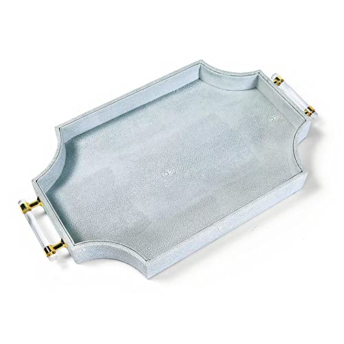 Sophinique Shagreen Vegan Leather Scallop Edges Serving Tray for Drinking & Food, Wooden Tray with Acrylic Handles for Watches, Mobiles, Cosmetics, Non-Slip Bottom Ottoman Decorative Tray (Blue)