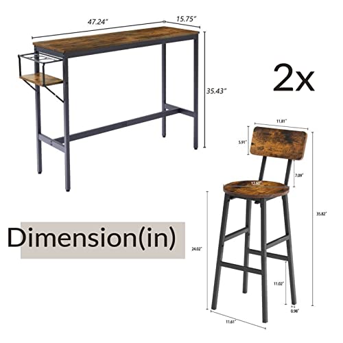 Hosnnile Bar Table Set for 2 with Folding Wine Holder, Pub Bistro Dinning Table and Stools with Backrest, Counter Height Bar Table Set for Apartment, Kitchen, Small Space