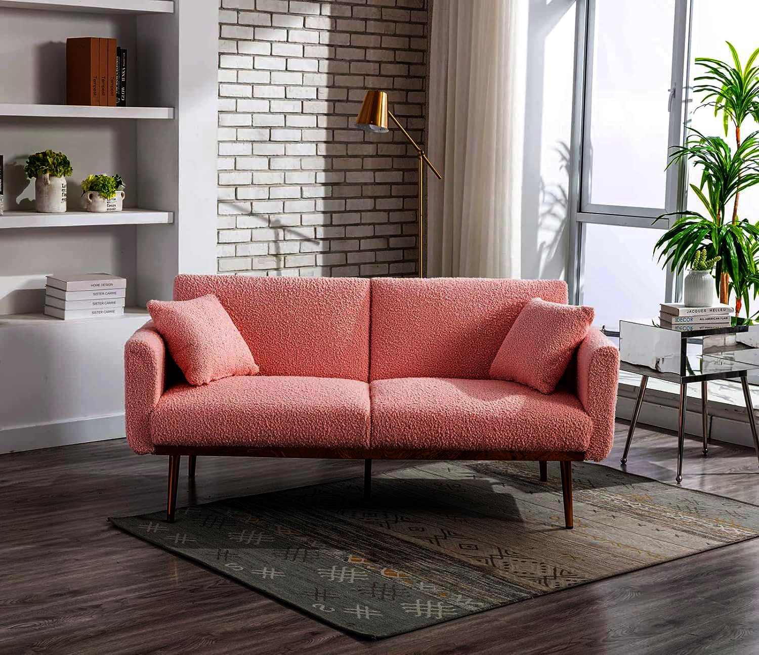 KINFFICT Convertible Upholstered Futon Sofa Bed, Loveseat with 5 Reclining Angles and 3 Pillows, Modern Living Room Sofa Couch, Dark Pink
