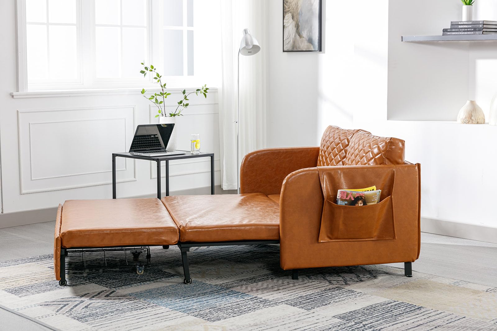 KINFFICT PU Leather Pull Out Sofa Bed, Convertible Small Loveseat Sleeper with Storage Drawer and 2 Pillows, 2 in 1 Futon Couch with Removable Pocket, Modern Love Seat for Living Room, Light Brown