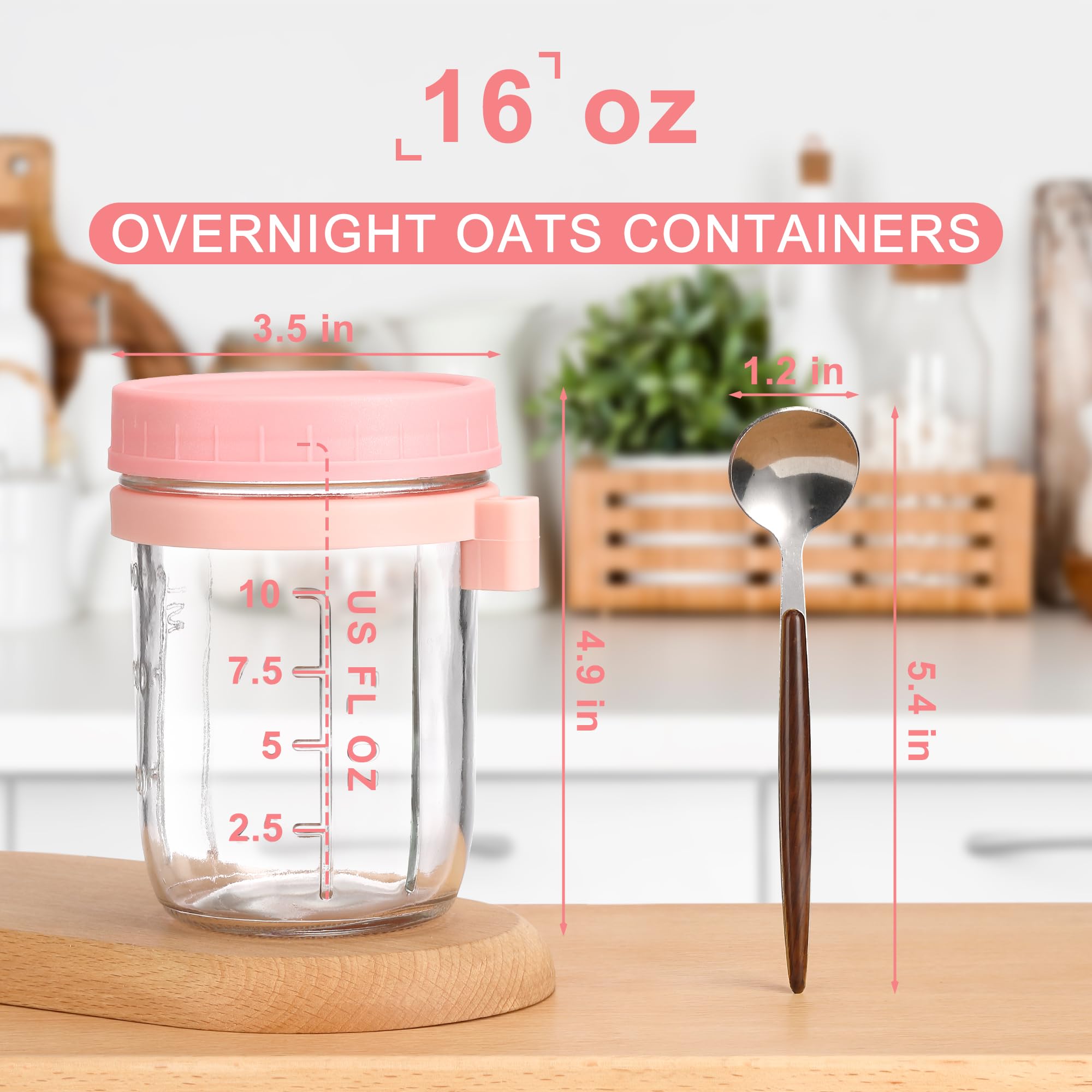 KAIZHOUZHOU 16oz Glass Mason Overnight Oats Jars, Cereal, Yogurt, Salad Lunch,Glass Overnight Oats Containers with Lids and Spoon, Container with Measurement Marks -(Grey&Pink-2Pcs)