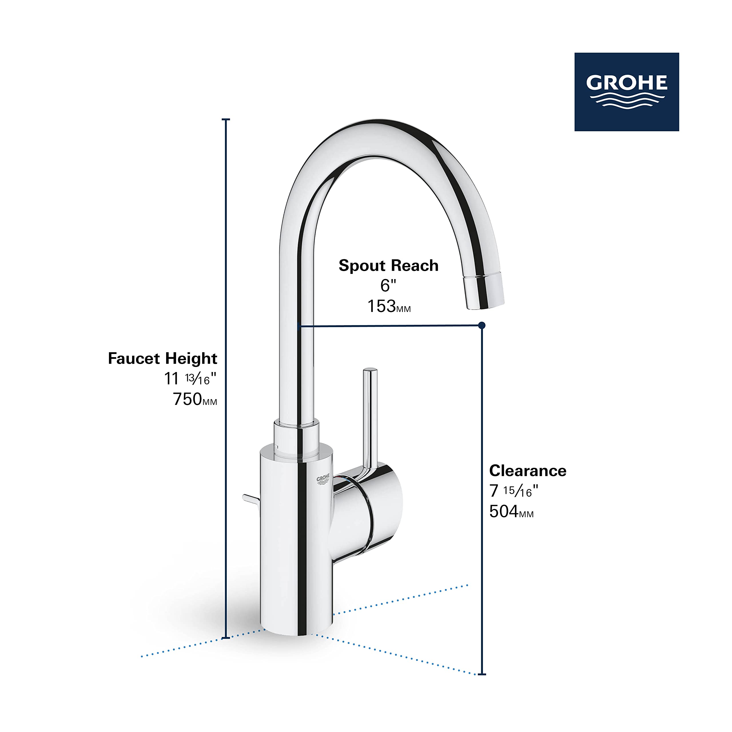 GROHE 32138002 Concetto, Single Hole Single-Handle L-Size Bathroom Faucet 1.2 GPM, Chrome