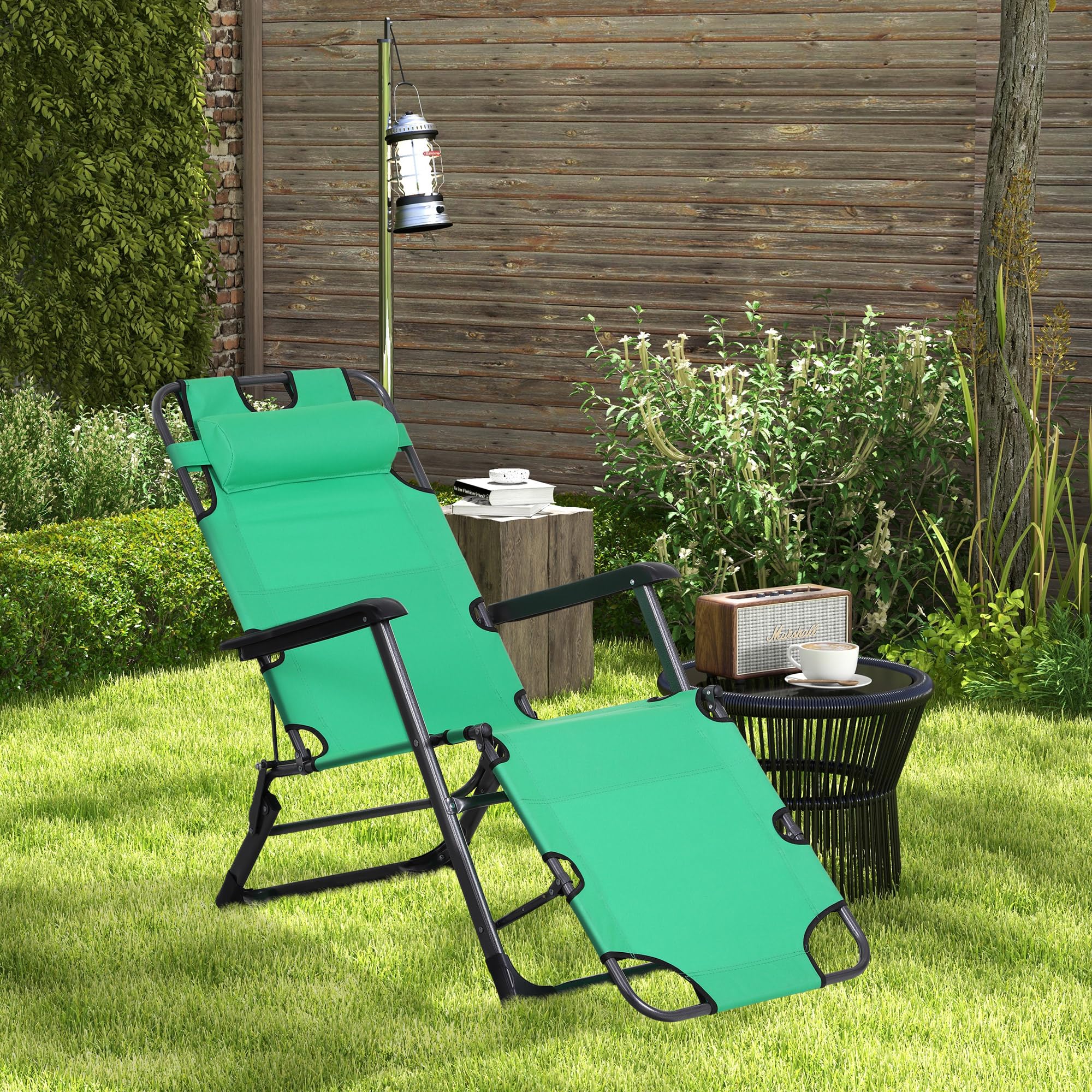 Outsunny Folding Chaise Lounge Chair for Outside, 2-in-1 Tanning Chair with Pillow & Pocket, Adjustable Pool Chair for Beach, Patio, Lawn, Deck, Green