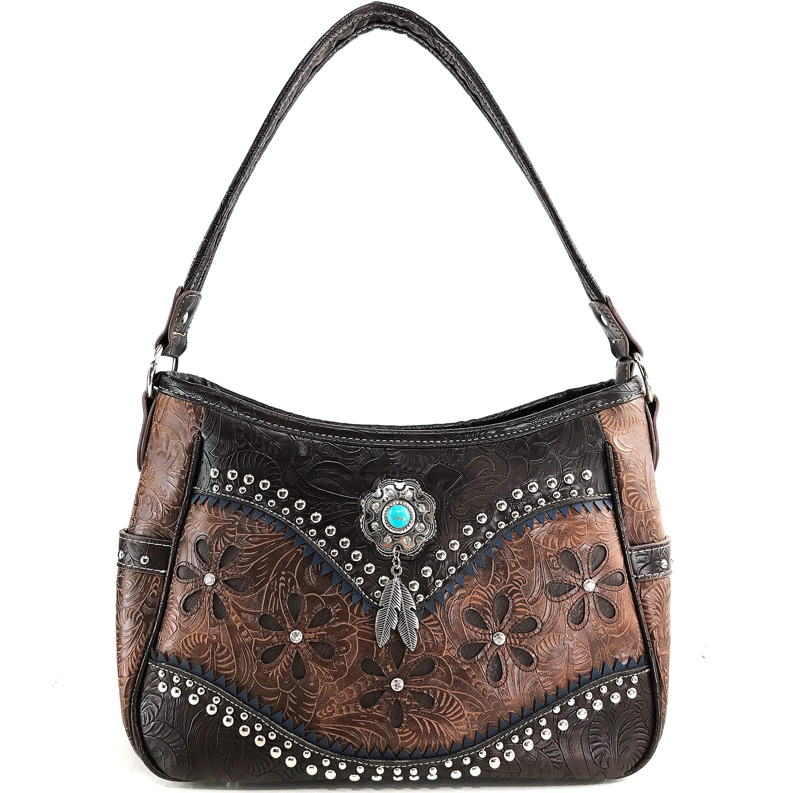 Turquoise Concho Feather Conceal Carry Hobo Handbag Crossbody Wallet Set Brown