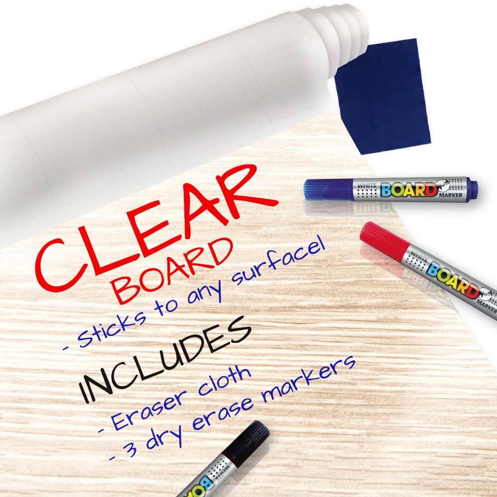 Clear Adhesive Sheets Roll on Wall 18 x 78Inch (6.5 Ft), includes 3 Dry Erase Markers, Bulletin Board Paper, Clear Adhesive Vinyl Sheets, Transparent Contact Paper, Peel and Stick Film by HA SHI