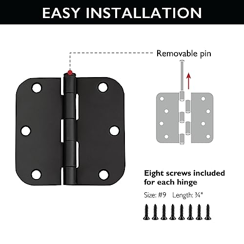 Door Hinges for Interior Doors 3-Pack 3-1/2-inch x 3-1/2-inch, Design House 5/8-inch Radius Steel Door Hinge Door Hardware, Matte Black, 188904