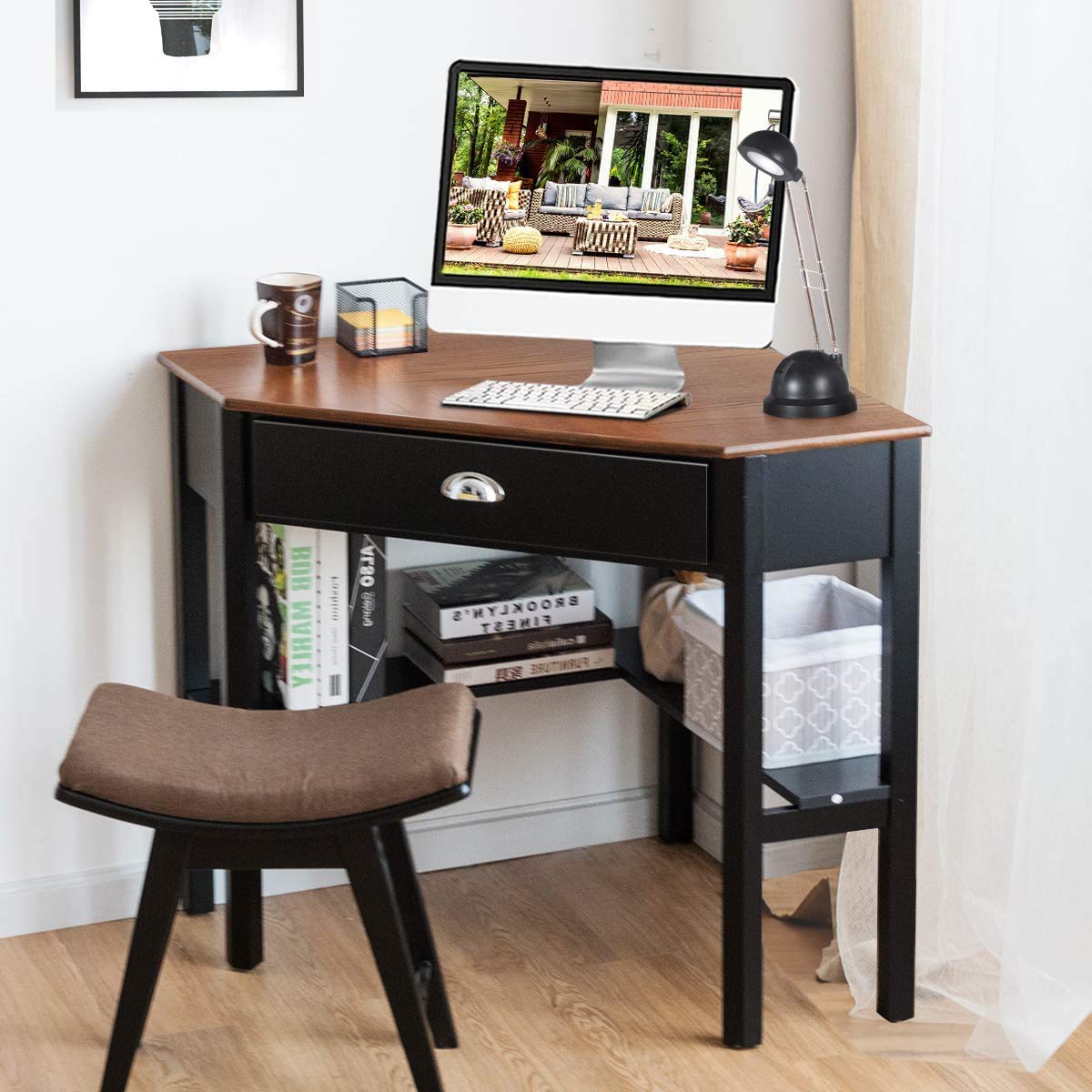 Nightcore Small, Wood Computer Desk, Compact Writing w/Drawer & Storage Shelves, Space Saving Study Workstation, Laptop PC Corner Table, Coffee