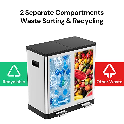 SunsGrove Trash Can 60L/16 Gallon Dual Trash Bin Recycle Bin with Dual Compartments Stainless Steel Step Garbage Can with Soft-Close Lid & Foot Pedals Recycling Bin for Kitchen/Office