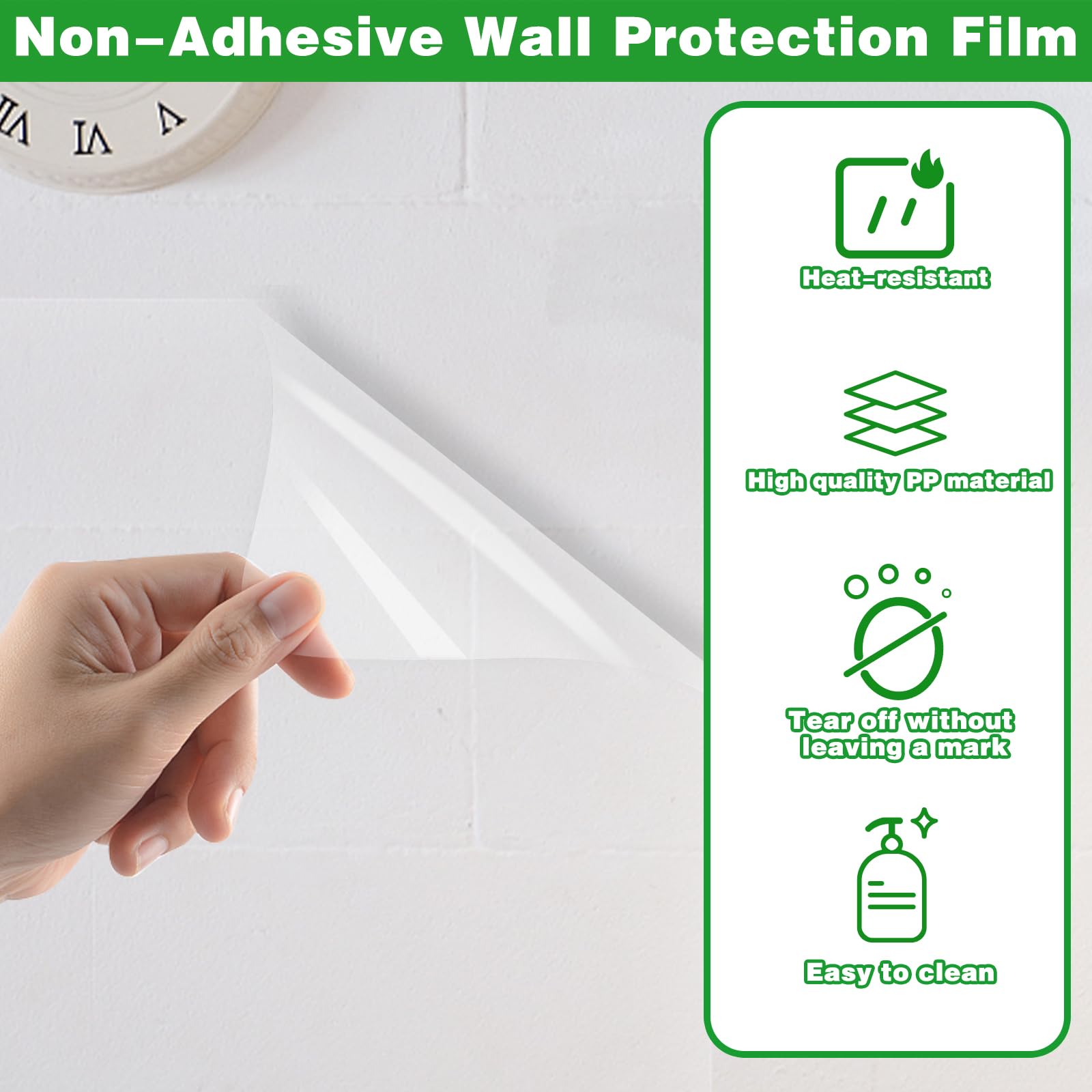 Clear Wall Protector Sheet, Non Adhesive Clear Contact Paper Peel and Stick, Static Cling Removable Wall Paper Sticker Pull and Stick, Wall Sticker Door Scratch Protector for Kitchen Cabinets, 6.6ft