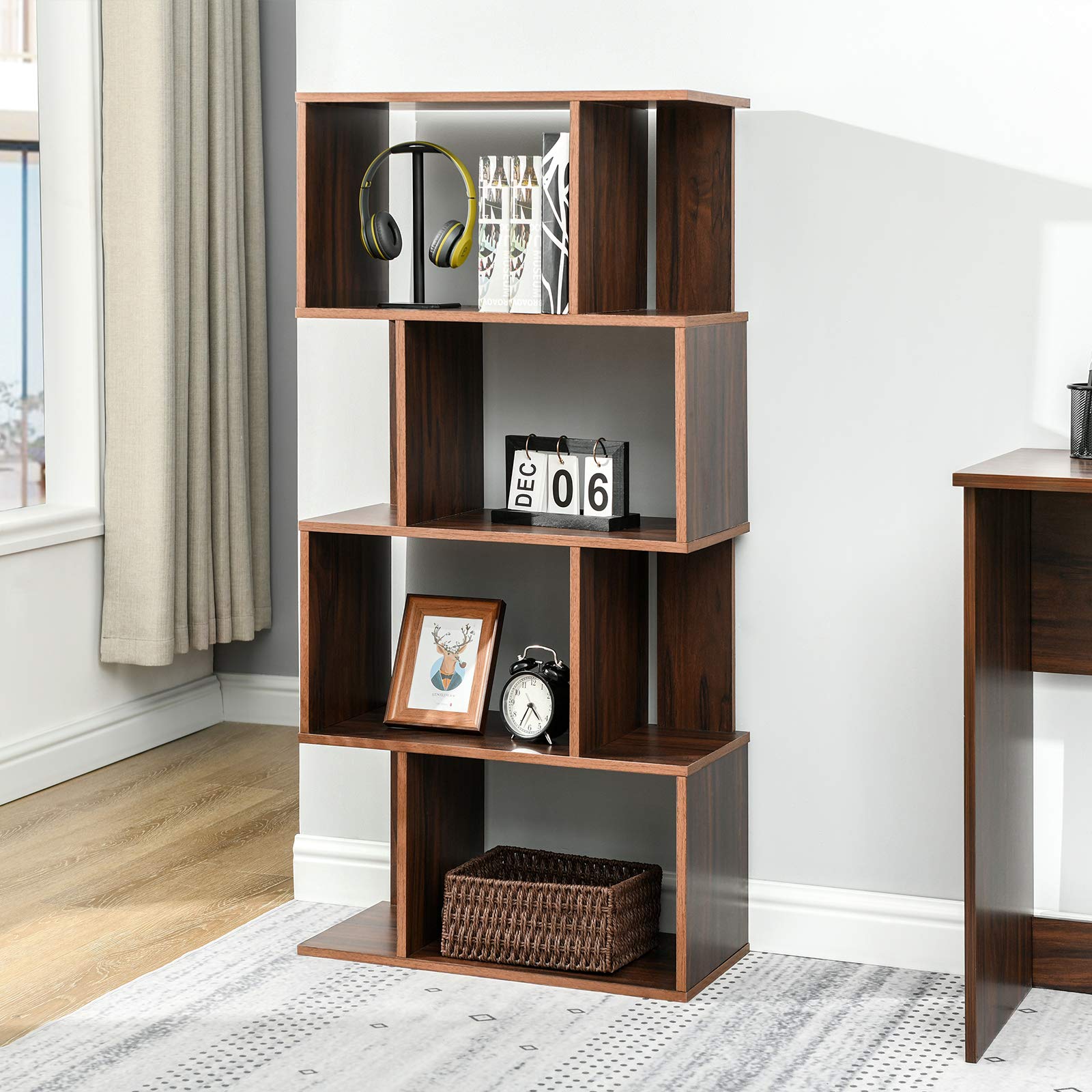 Coavas Rustic Bookcase Geometric Bookshelf Home Office Storage Shelves Vintage Display Shelf 4 Tiers Modern Organizer, Walnut
