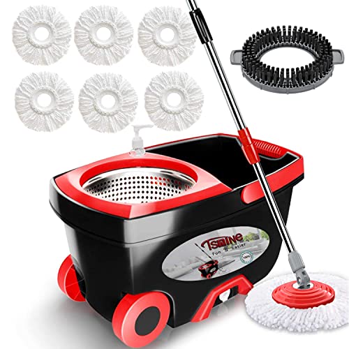 Hardwood Floor Wet Dry Mop,Tsmine Floor Mop Dust Mop Commercial Mop, Spin Mops for Floor Cleaning Mop and Bucket with Wringer Set with 6 Replacement Mop Heads & 1 Cleaning Brush for Hardwood Laminate
