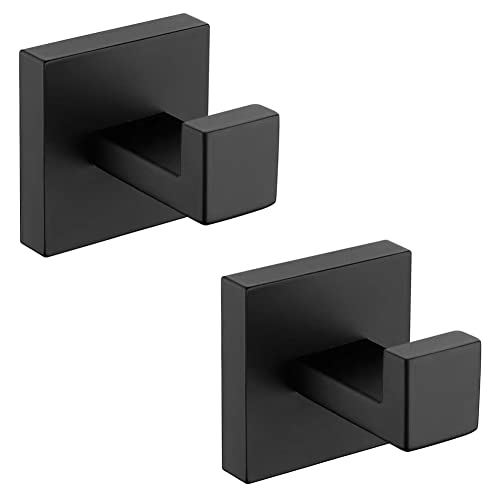 Lckaien Bath Towel Hooks , 2 Pack Stainless Steel Robe Coat and Clothes Hook, Heavy Duty Wall Hook for Bathroom & Kitchen, Modern Square Style Wall Mounted (Matte Black)