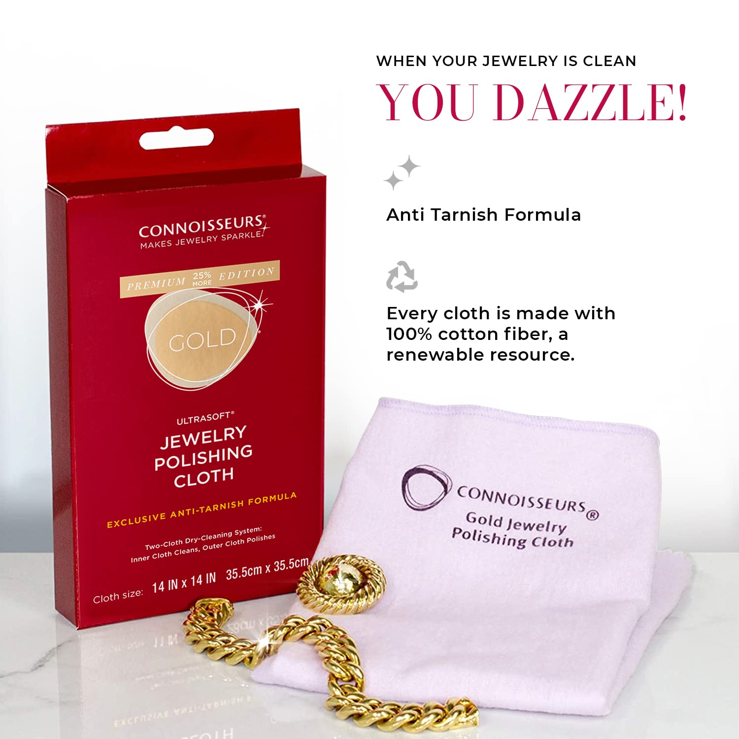 CONNOISSEURS Premium Edition Ultrasoft Gold Polishing Cloth with Anti-Tarnish, Large Value Size 14x14 Inches
