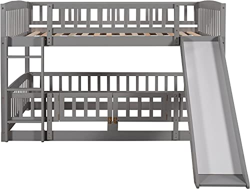 Harper & Bright Designs Low Bunk Beds Full Over Full, Wood Kids Bunk Bed with Slide, Fence and Ladder, Full Size Bunk Beds for Girls Boys, Grey