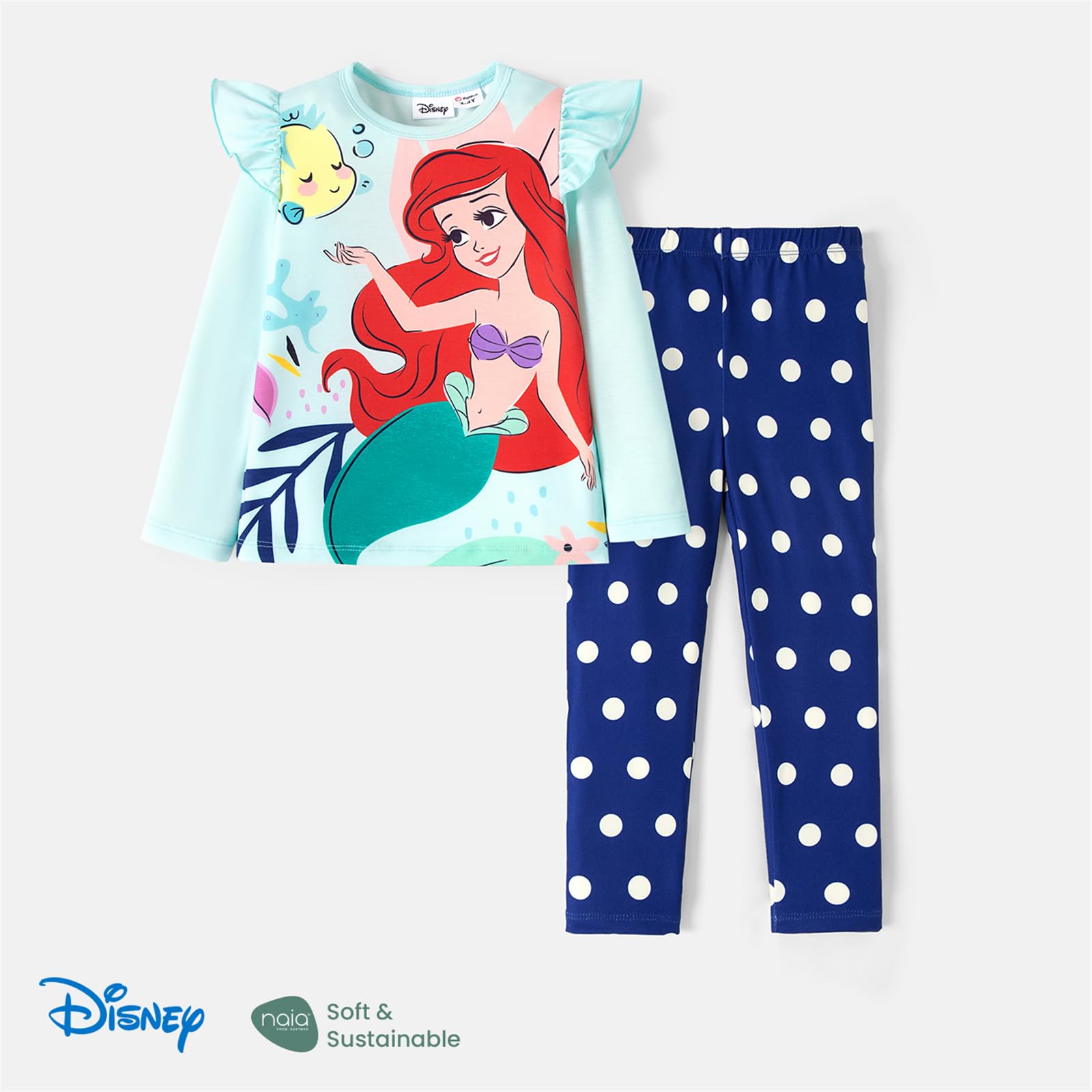 Disney Princess 2PCS Toddler Girls Outfits Ruffled Sleeves Sweatshirt and Leggings Outfit Set Deep Blue 5-6 Years