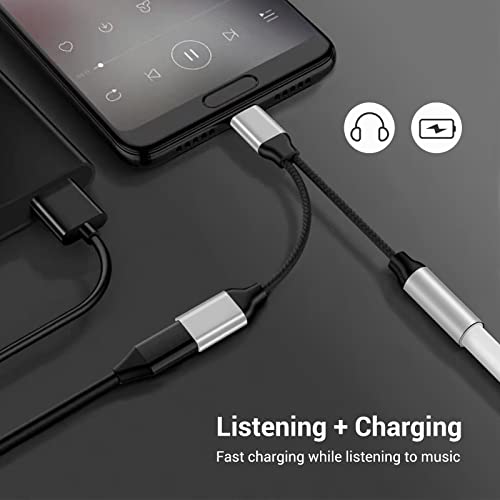 USB C to 3.5mm Headphone and Charger Adapter, 2 in 1 USB C Splitter to Audio Jack & Fast Charging Dongle Cable, Compatible with Samsung Galaxy S20 S21+, Note 20 10, Google Pixel 2 3 4 XL…