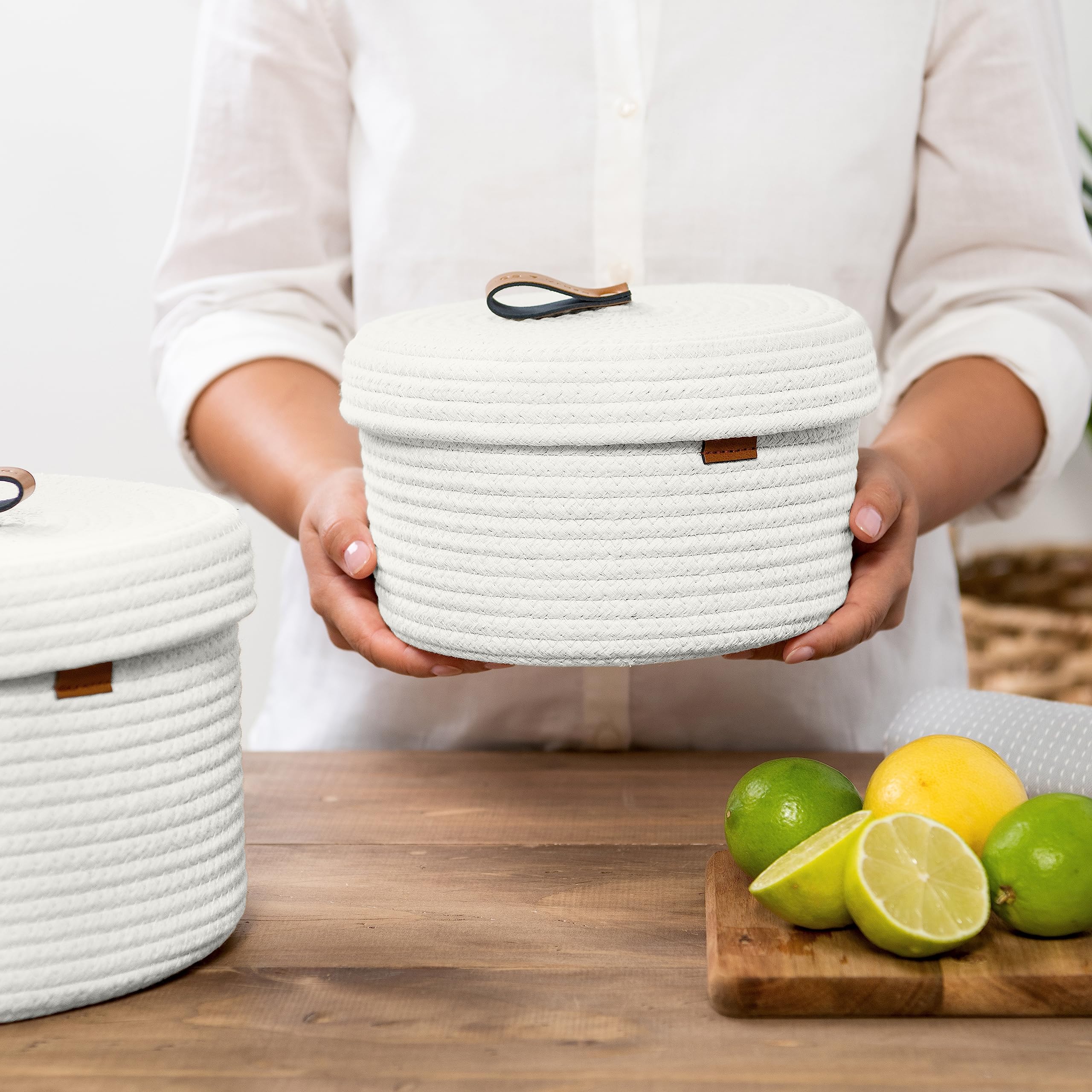 DENJA & CO Decorative Storage Basket Organizer Set of 3 and Round Baskets with Lids Set of 2 (Ivory White)