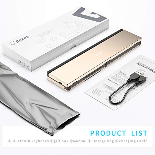 Geyes Foldable Bluetooth Keyboard, Folding Wireless Keyboard with Portable Pocket Size, Aluminum Alloy Housing, Carrying Pouch, for iPad, iPhone, and More Tablets, Laptops and Smartphones(Gold)