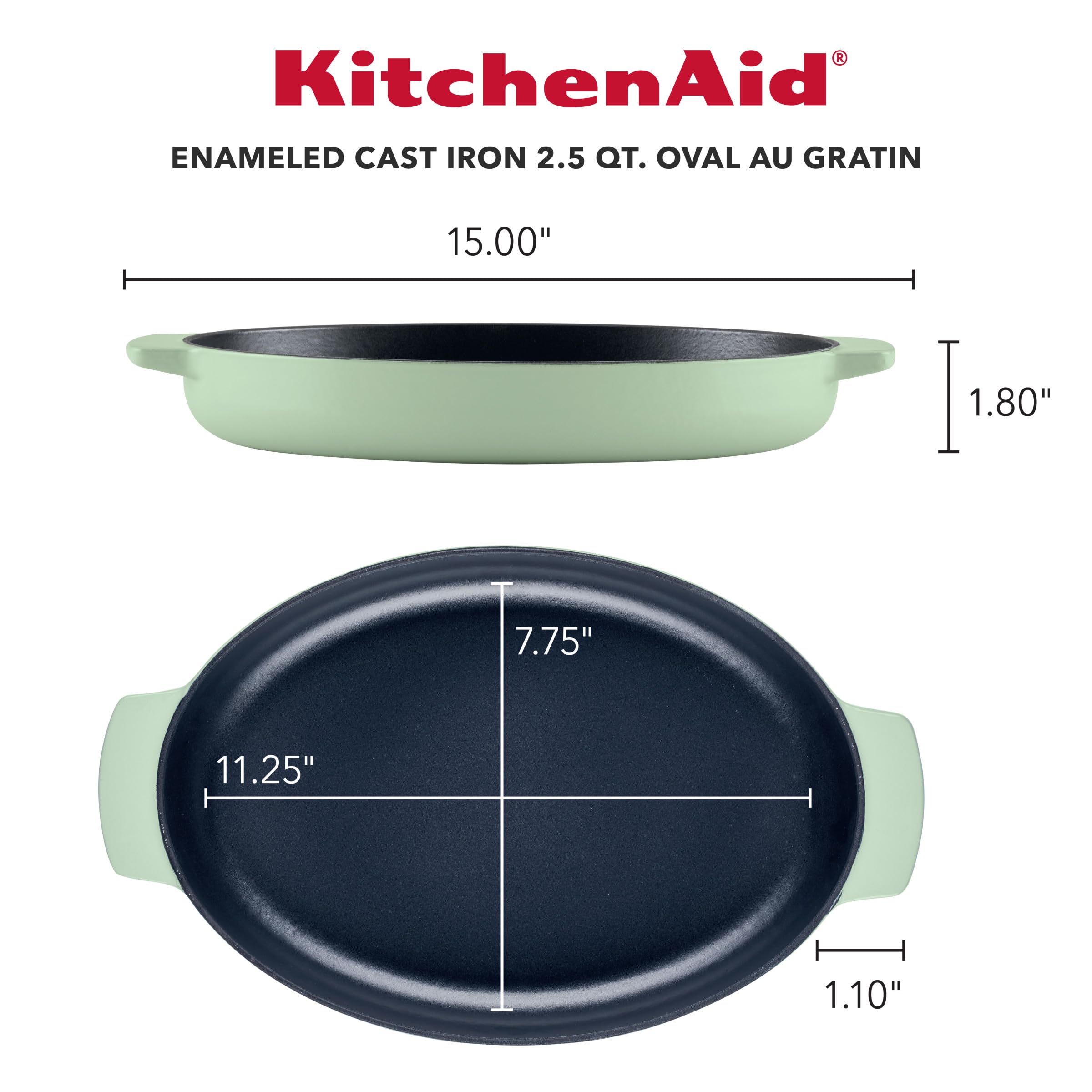 KitchenAid Enameled Cast Iron Au Gratin Oval Roasting Pan, 2.5 Quart, Pistachio